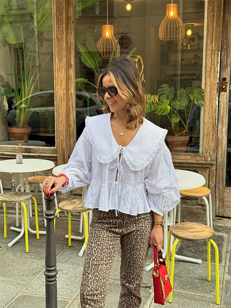 Camisa-com-gola-Peter-Pan-feminina-tops-de-manga-comprida-blusa-simples ...