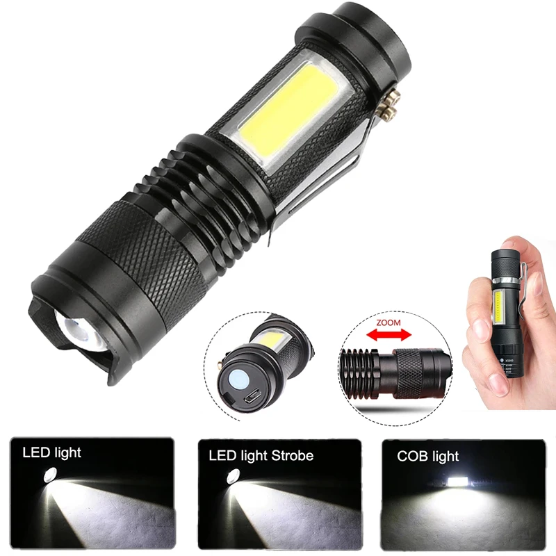 Mini Portable Flashlight Q5+COB Strong Light Zoom 3 Modes Torch Built ...