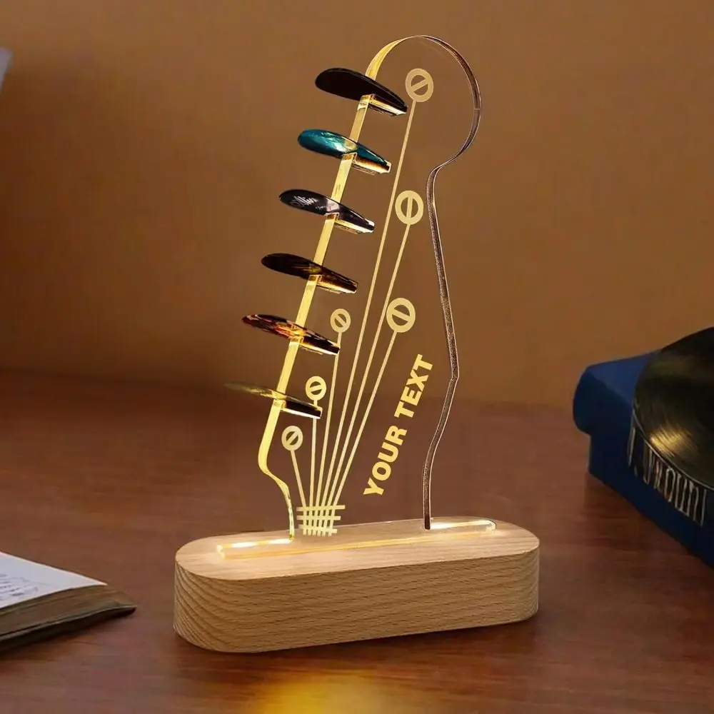 USB Light Up Guitar Pick Holder Acrylic Wth Wooden Base Guitar Pick ...
