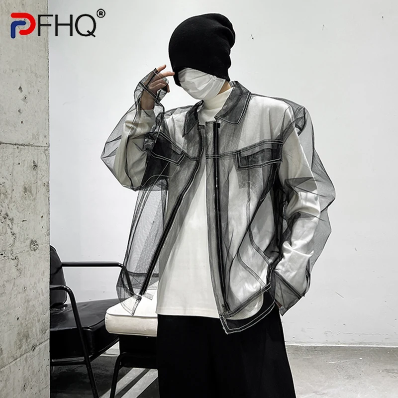 PFHQ Chaqueta de malla transparente para hombre, ropa de calle de alta ...