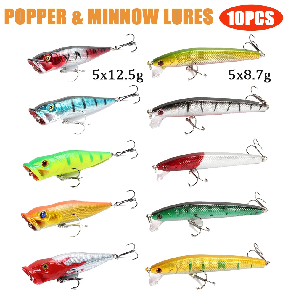 10PCS-Fishing-Lures-Kit-Popper-and-Minnow-Bait-Set-106g-Artificial ...