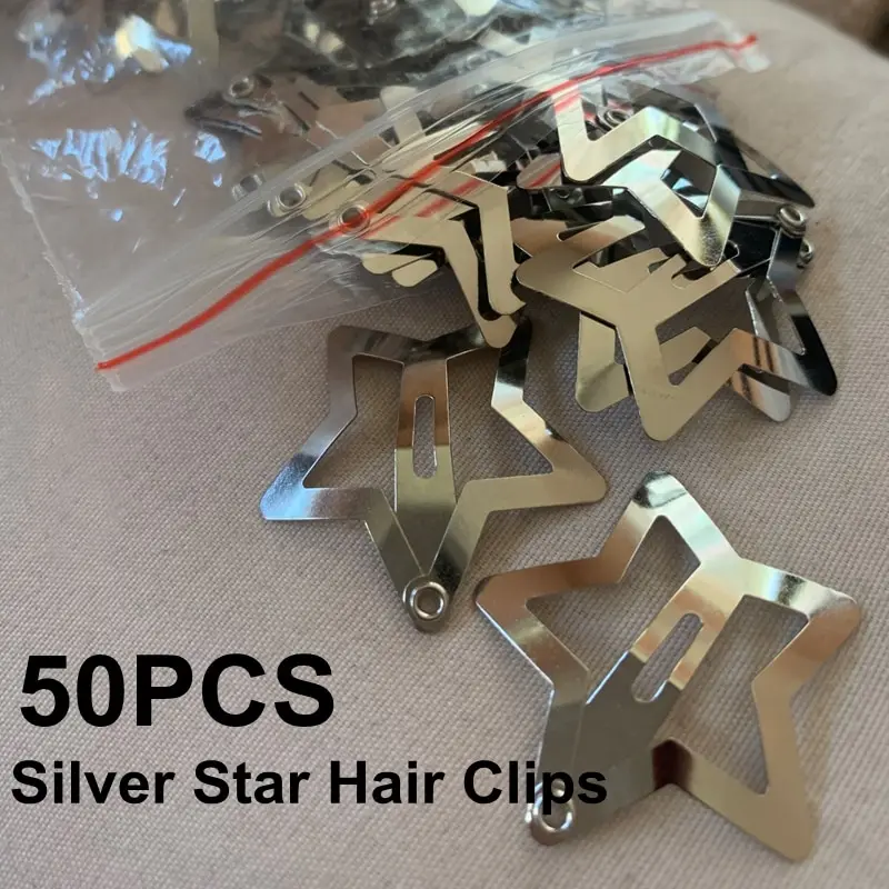 50PCS-Silver-Star-Hair-Clips-for-Girls-Filigree-Star-Metal-Snap-Clip ...
