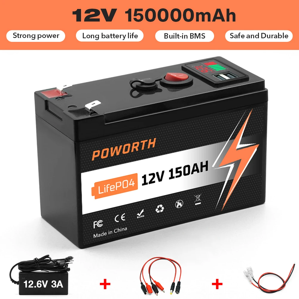 12V 150Ah LiFePO4 Lithium Battery 4000+ Deep Cycles, for UPS, Kayak ...