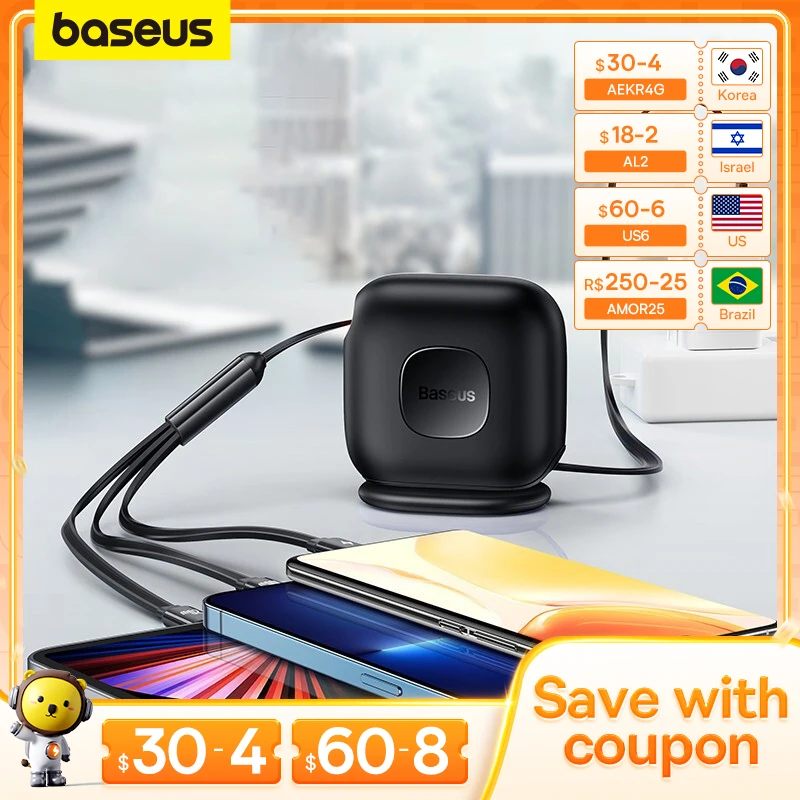 Baseus – Câble Rétractable 100w 3 En 1 Usb Type-c Pour Recharge Rapide, Cordon De Chargeur Usb-c ...