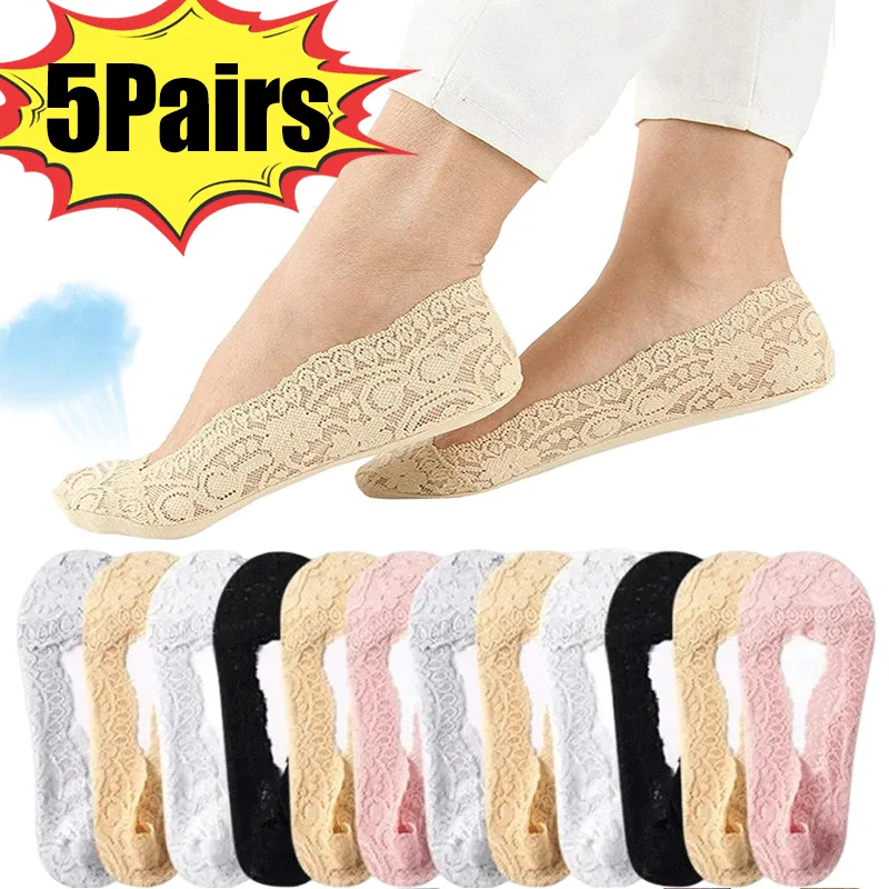 5Pairs-Women-Boat-Socks-Summer-Slippers-Non-slip-Breathable-Lace-Lace ...