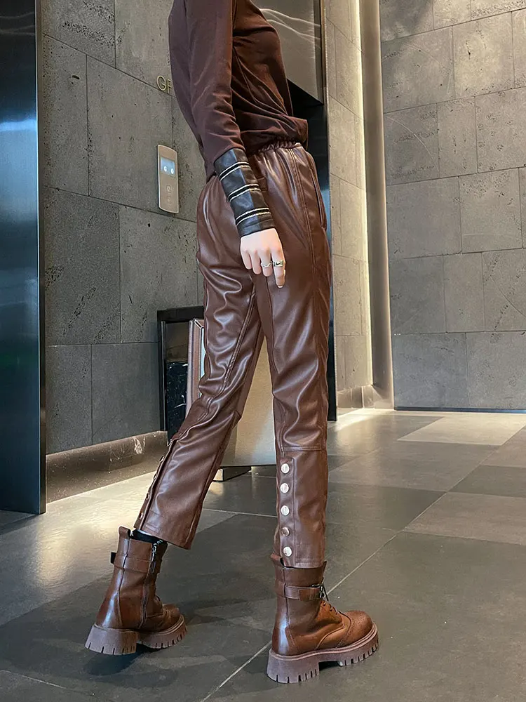 Outono-nova-moda-coreano-casual-cal-as-de-couro-bot-o-decora-o ...