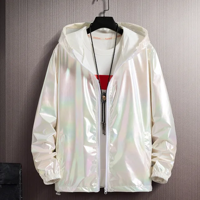 Shiny Men’s Hooded Jackets Colorful Gradient Pocket Zipper Bomber ...