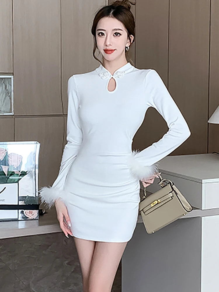 Beyaz-Chic-ak-n-uzun-kollu-Mini-kad-n-elbise-sonbahar-k-zarif-Bodycon ...