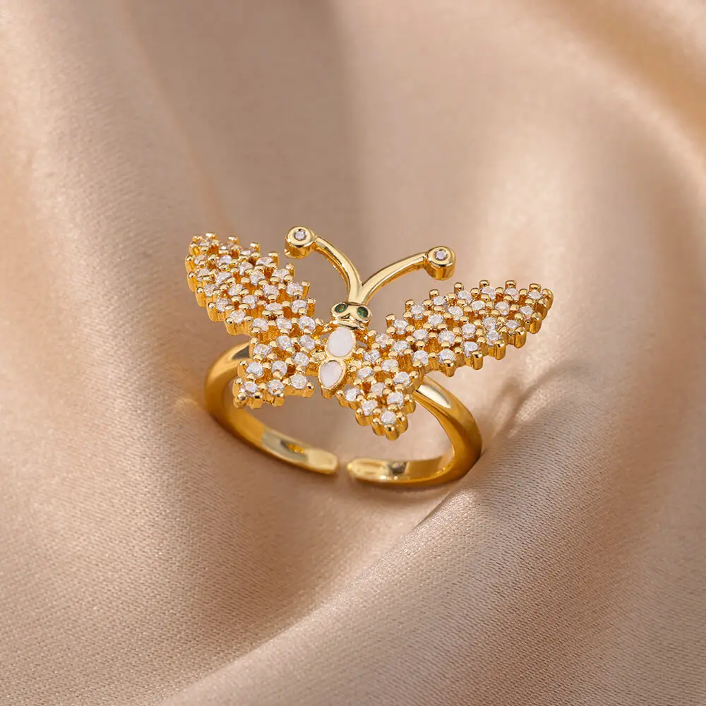 Shiny Zircon Butterfly Round Rings For Women Stainless Steel Gold Color ...