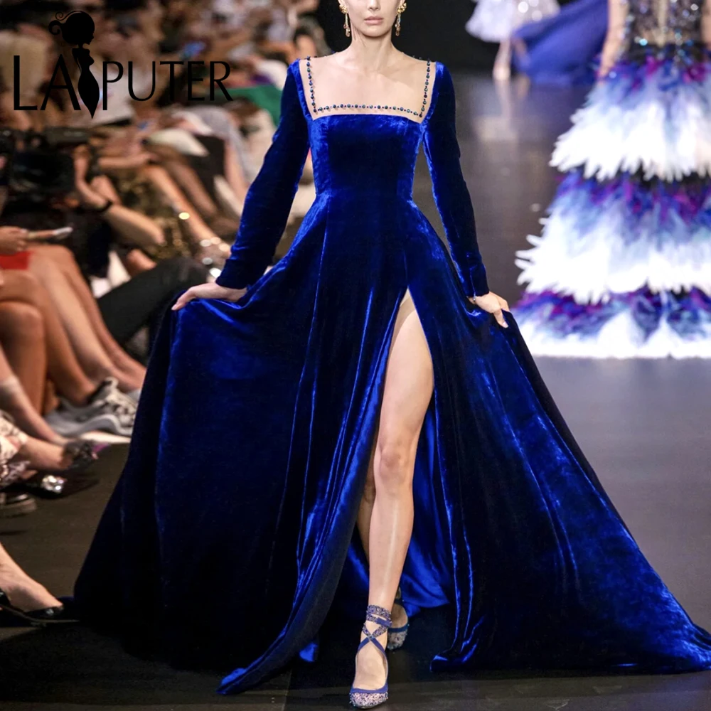 Square-Neck-Thick-Velvet-Prom-Dresses-Royal-Blue-Velour-Evening-Dress ...