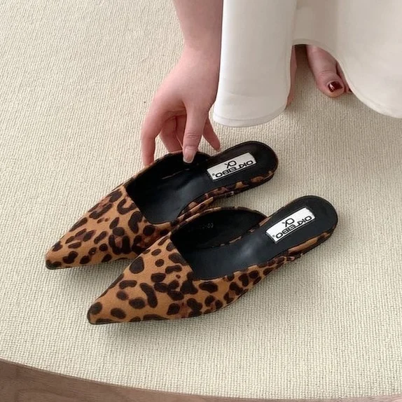 Women-Slippers-Pointed-Toe-Leopard-Design-Shallow-Slip-on-Thin-Low ...