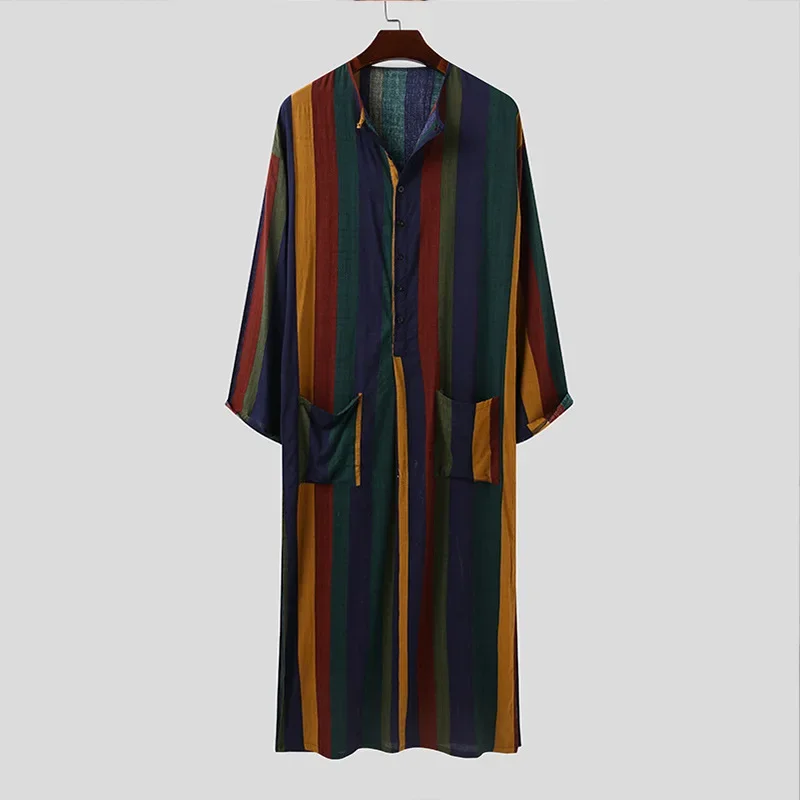 Men Long Shirts Muslim Striped Robe Arabic Islamic Kurtas Moroccan ...