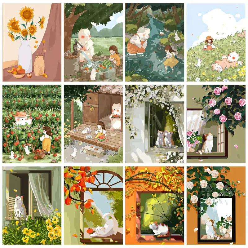 GATYZTORY-Cartoon-Paint-By-Numbers-With-Frame-Cat-Girl-Bear-Drawing-By ...