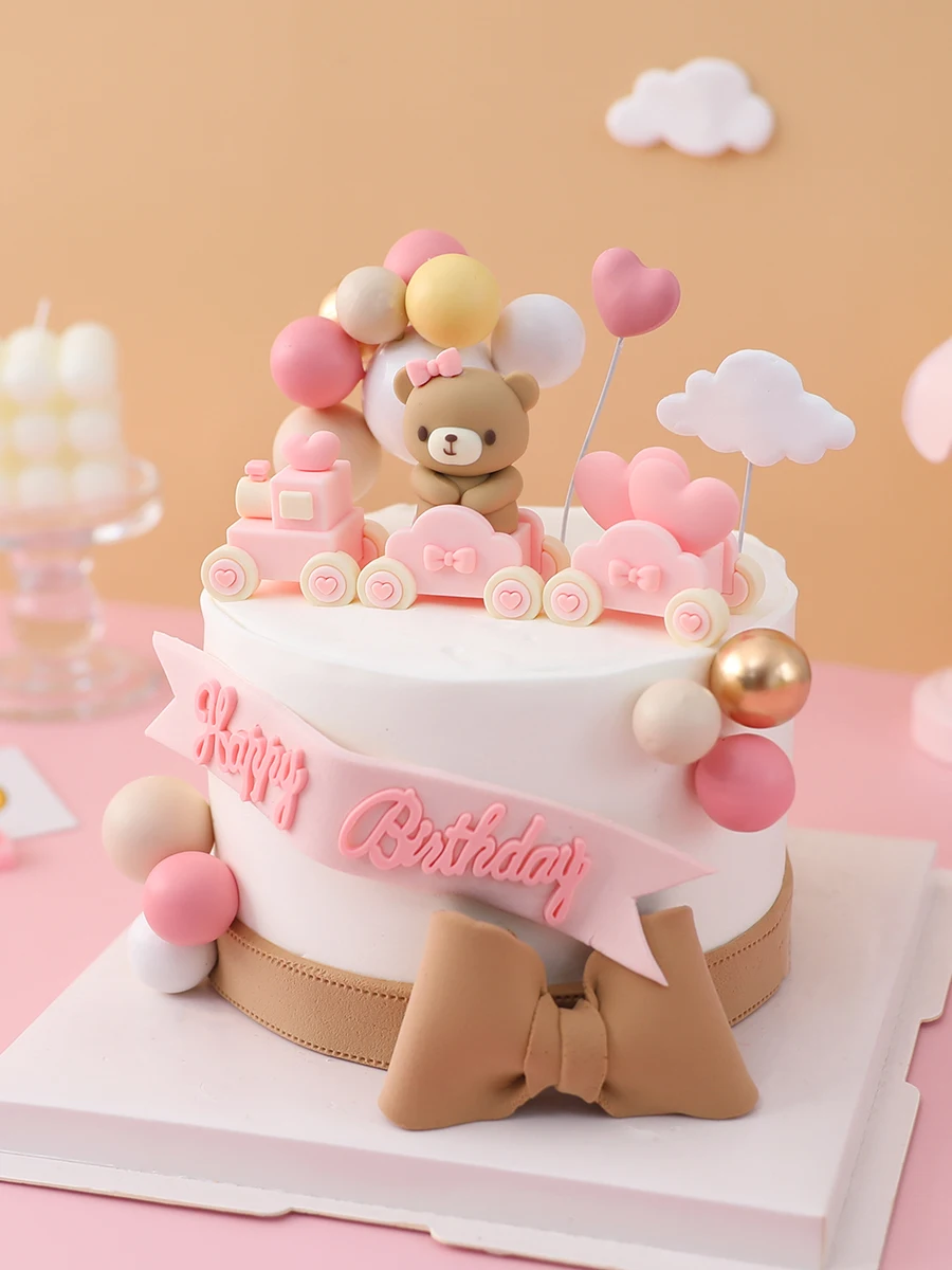 생일 케이크 장식 삽입 소원 공 다채로운 거품 공 아기 소년 소녀 첫 생일 나비 곰 케이크 토퍼 기차 장식
