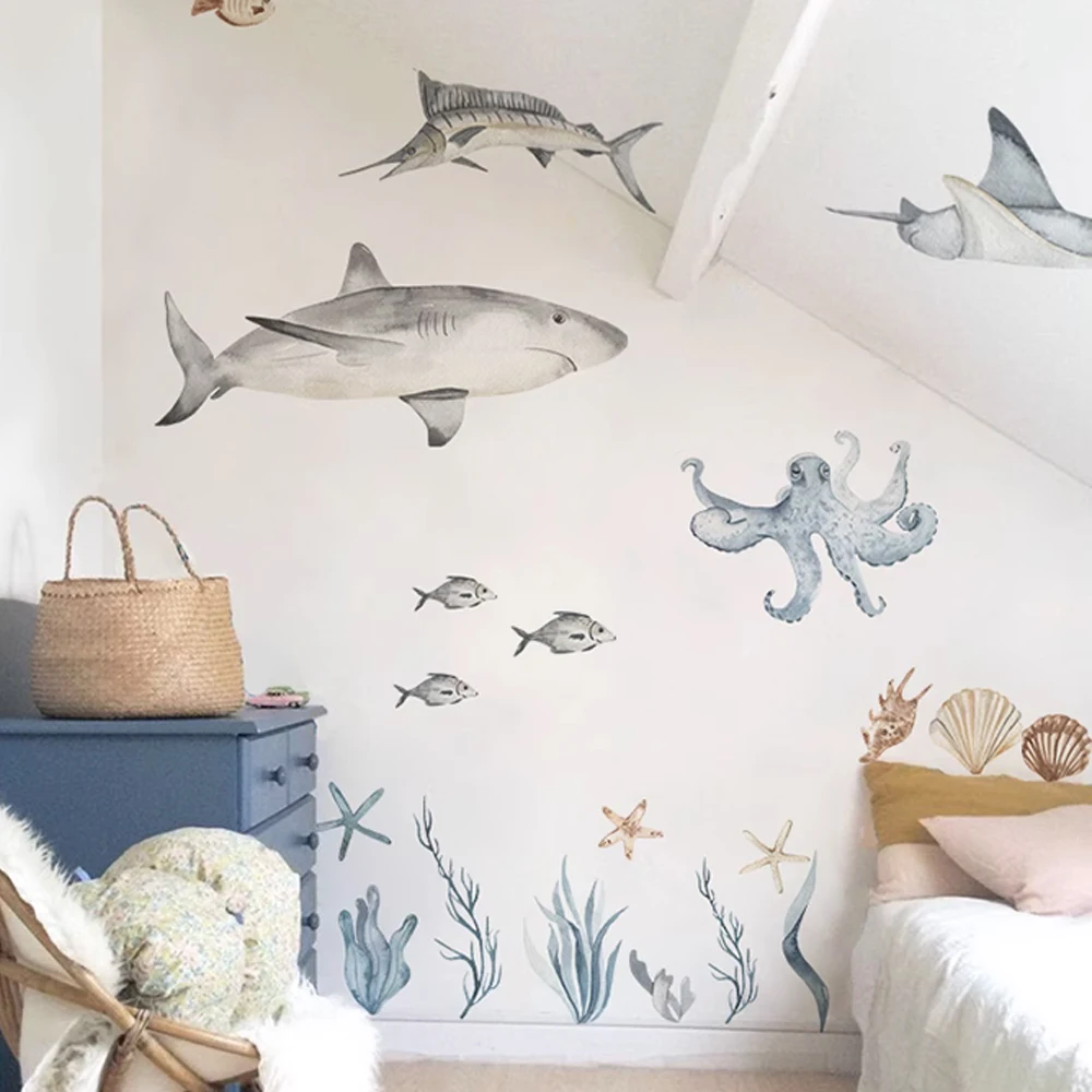 Large-Watercolor-Sharks-Wall-Decals-Ocean-Animal-Wall-Sticker-Under-The ...