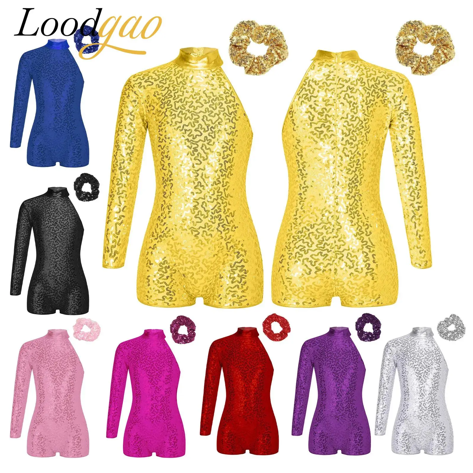 Kids Leotard Shiny Sequins Girls Single Long Sleeve Shorty Unitard Hip ...