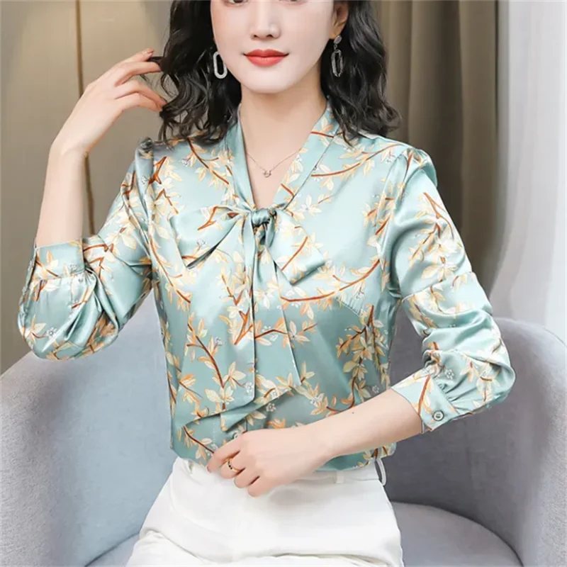 Silk-Shirt-For-Women-Ribbon-Blouses-Cardigan-Top-Bow-Satin-Shirt-Long ...