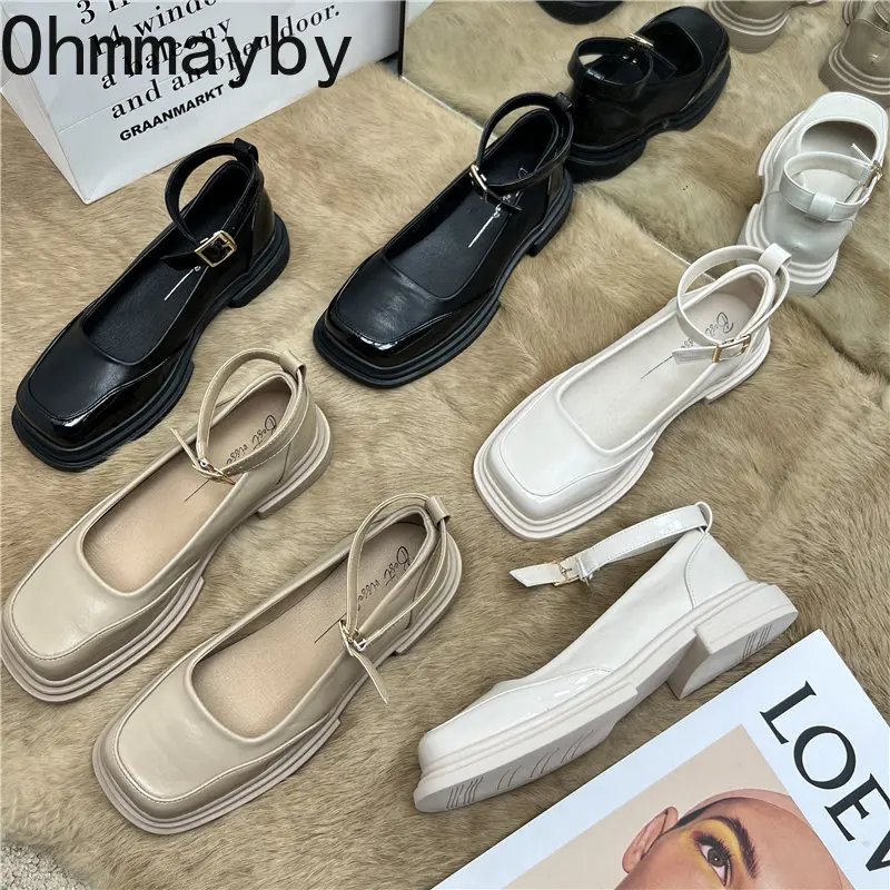 메리 제인 디자인 신발 캐쥬얼 여성 신발 두꺼운 밑창 힐 발목 버클 신발 우아한 여성 얕은 싱글 슈즈