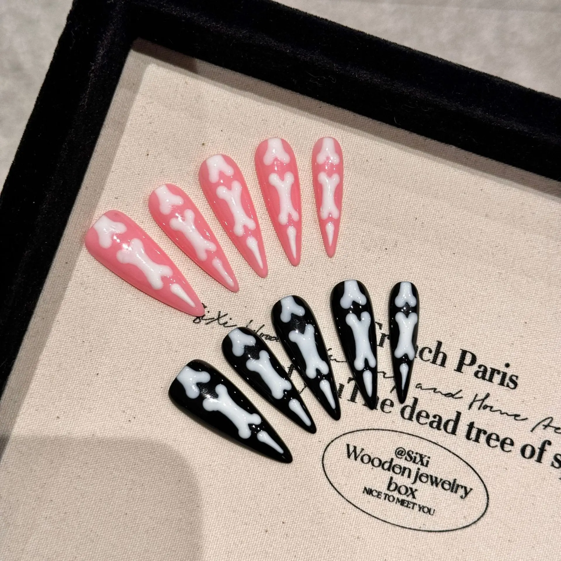Handmade Press on Nails Halloween Cat paw bones Fake Nails for Women ...