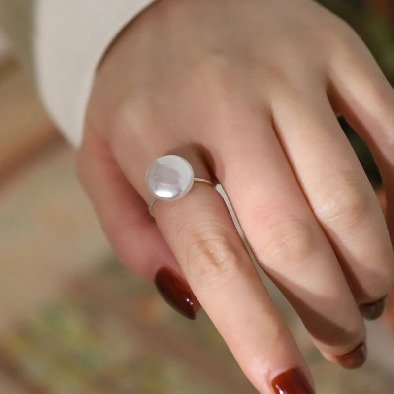 100-Natural-Bright-FreshWater-Round-Button-Baroque-Pearl-Ring-S925 ...
