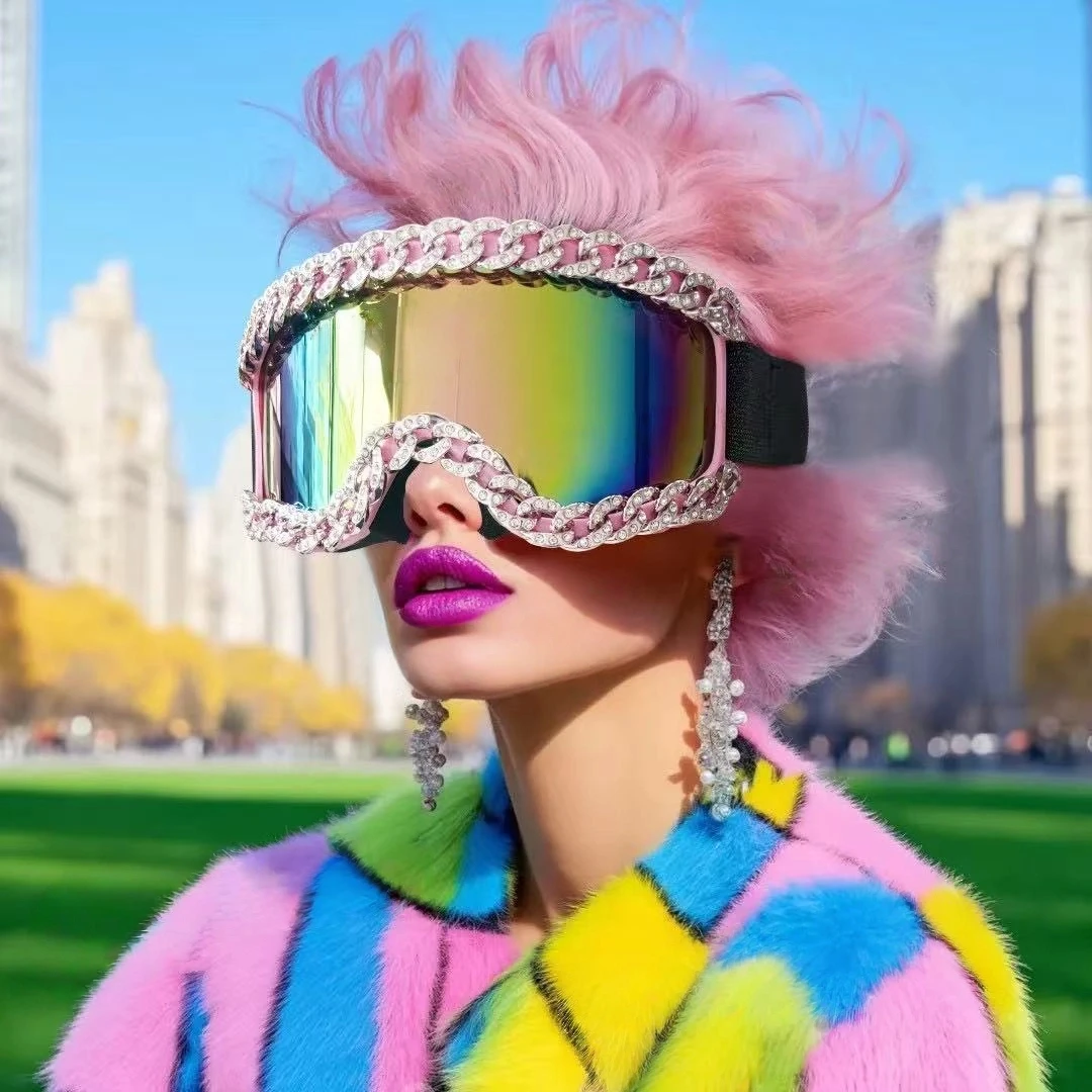 Women Ski Goggles with Luxury Rhinestone Chain Dec Anti Sand Dustproof ...