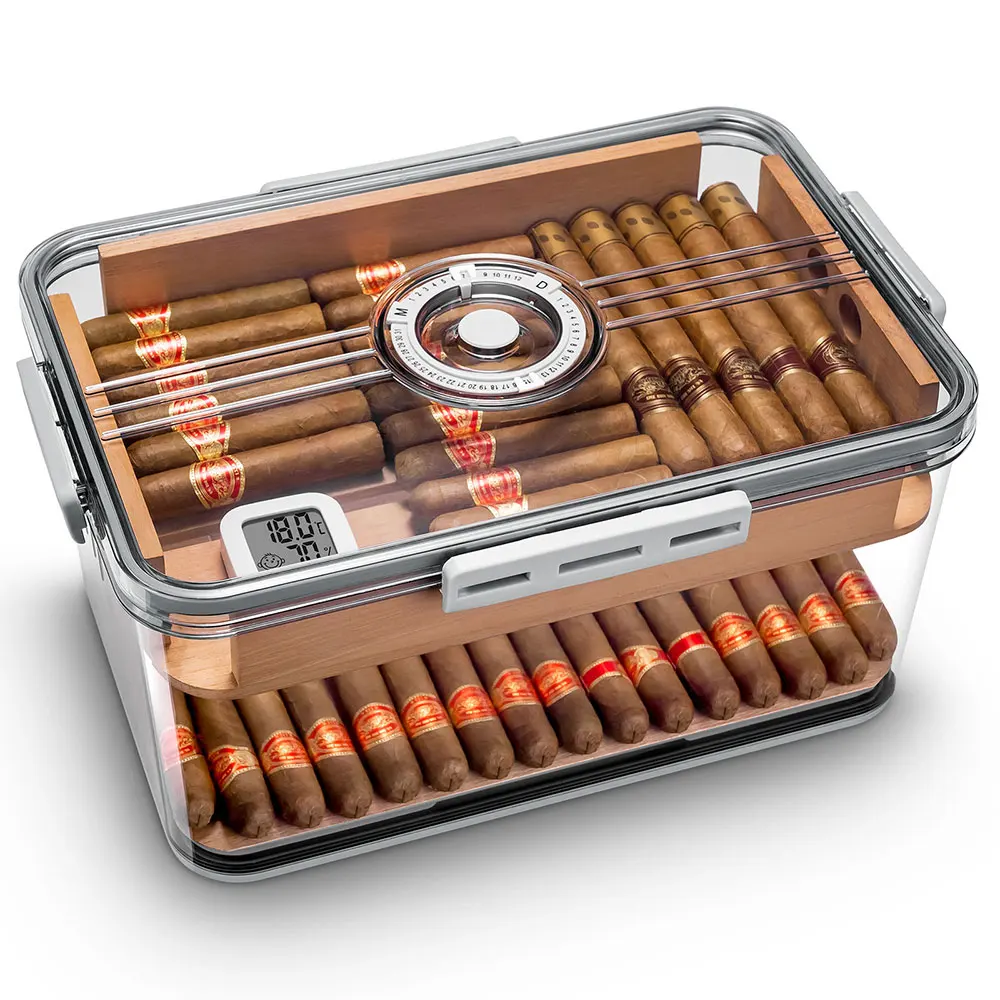 CIGARLOONG-Cedar-Wood-Shelf-Clear-Cigar-Humidor-with-Hygrometer-100PCS ...