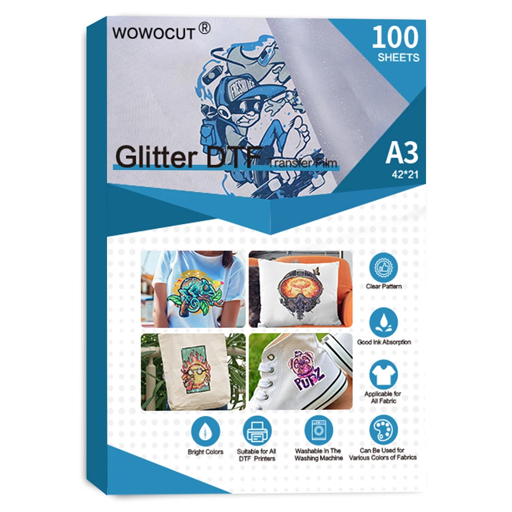 WOWOCUT Glitter DTF Film A3 100 sheet Heat Transfer Paper Double-Sided Glossy Clear Pretreat DTF ...