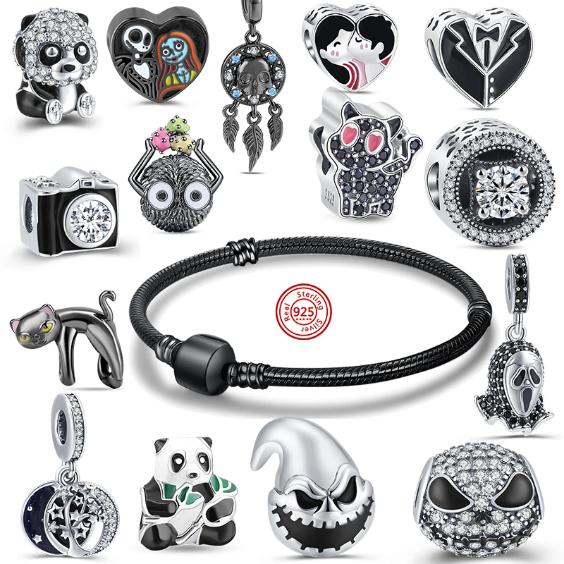 Ajuste original pandora encantos contas preto gato panda amor câmera ...