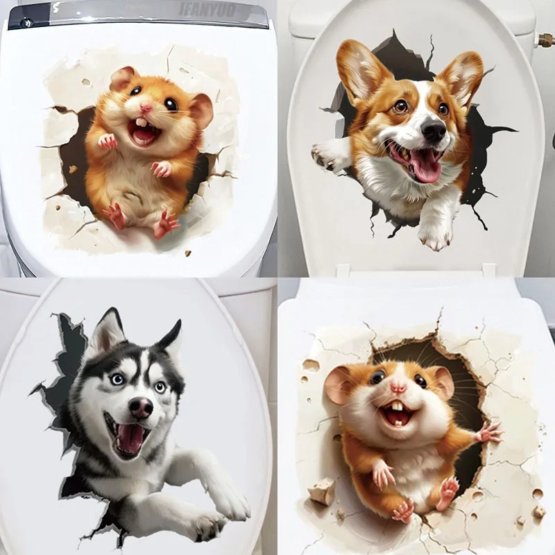 1Pc 3D Dog Pattern Waterproof PVC Toilet Sticker Creative WC Bathroom ...