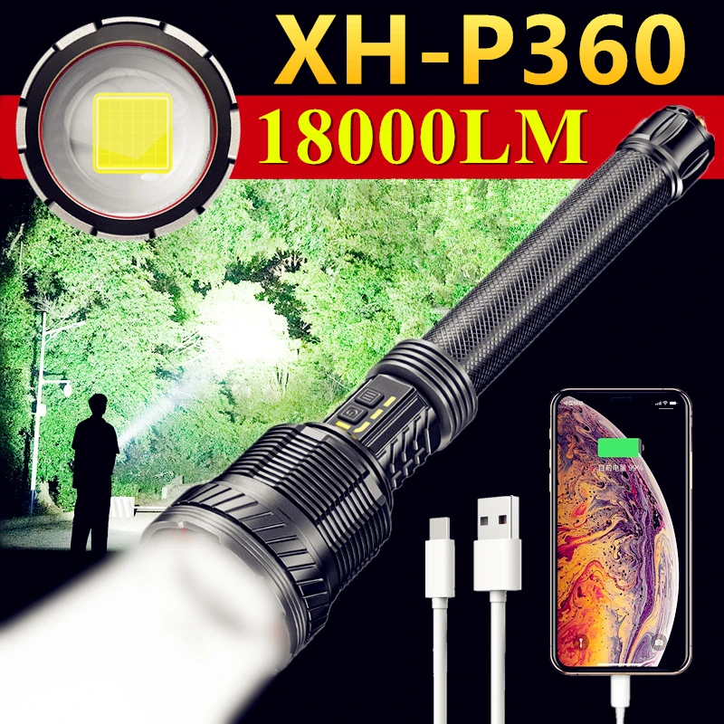 36Core XHP360 High Power Powerful Flashlight 150W Zoomable Waterproof TYPE-C USB Charging ...