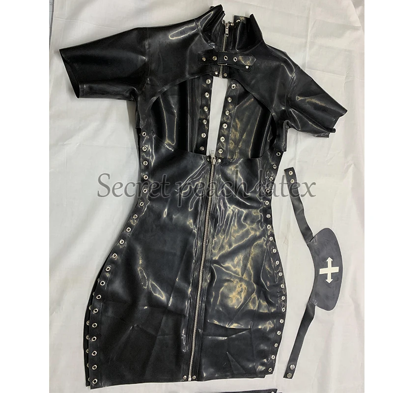 Latex Cosplay Nun Dress Nurse Punk Style Rubber Dress All Black Rubber