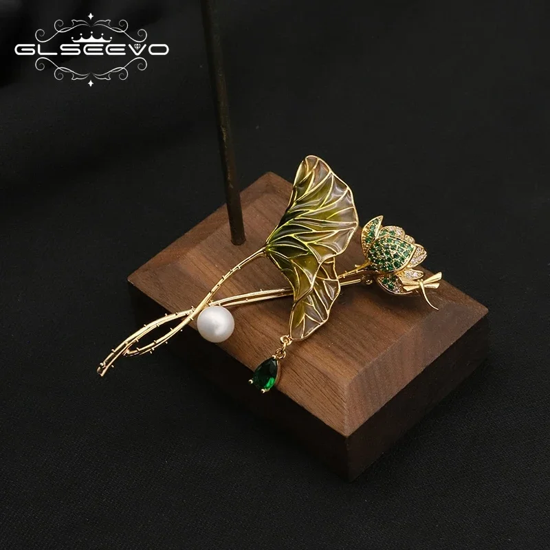Jewelry Golden Lotus Flower Leaf Natural Freshwater Pearls Brooch Pin ...
