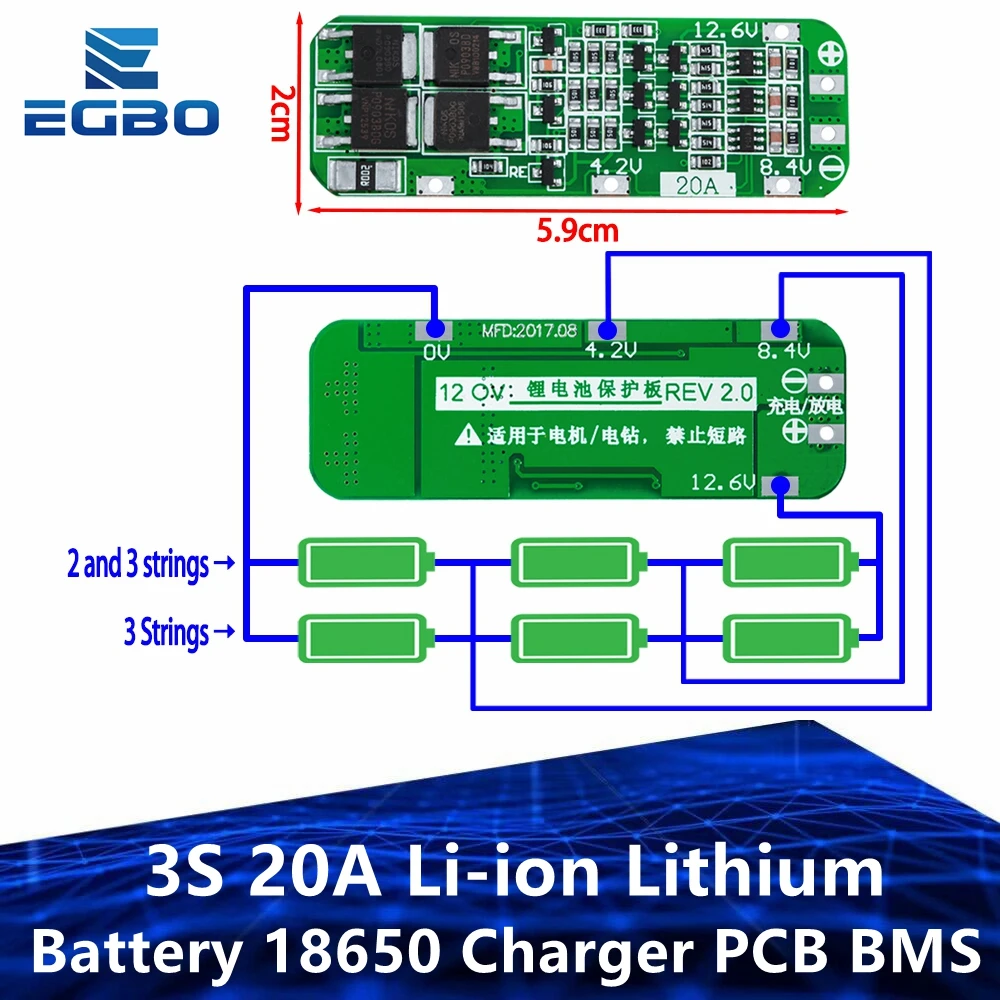 EGBO 3S 20A Li-ion Lithium Battery 18650 Charger PCB BMS Protection Board For Drill Motor 12.6V ...