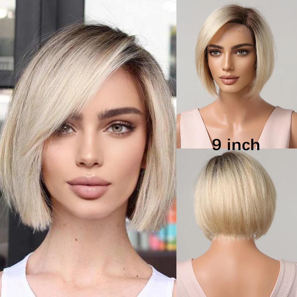 Bob Human Hair Wigs Ombre Light Blonde Pixie Cut Lace Front Wigs for ...