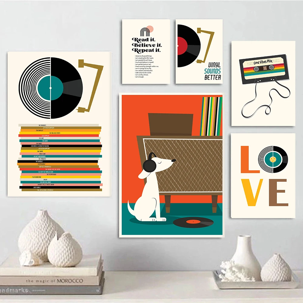Mid Century Retro Vinyl Records Poster Music Album Art Canvas Painting ...