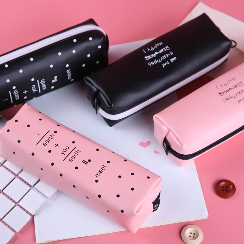 Cute-Pink-pencil-case-for-girls-Kawaii-Black-white-Dot-Pu-Leather-Pen ...
