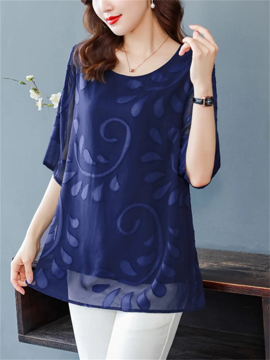 5xl Loose Women Spring Summer Shirts Lady Fashion Casual Half Sleeve O-neck Collar Printing ...