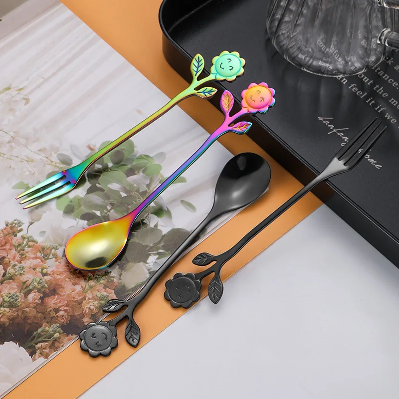 Lovely Stainless Steel Spoon Smiley Sunflower Handle Coffee Spoon Fork ...
