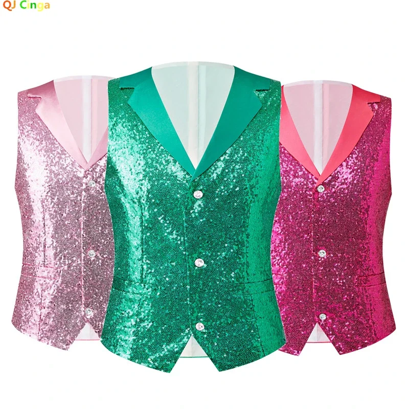 Men's Green Suit Vest, Single-breasted V-neck Vests, Shiny Sequins ...