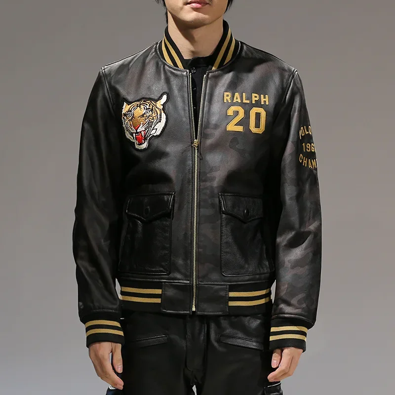 Men-s-top-quality-stand-collar-real-leather-jacket-baseball-tiger ...