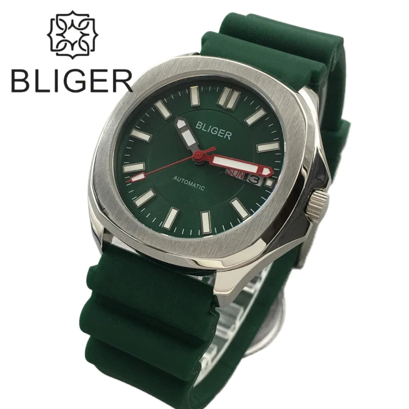 BLIGER New 40mm Automatic Watch For Men Green Dial Luminous Week Day ...