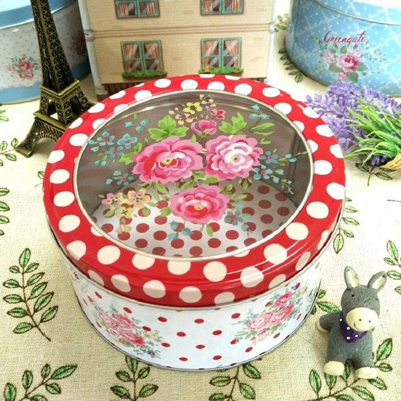 Creative Transparent Sunroof Film Tin Box Medium Floral Round Cookie ...