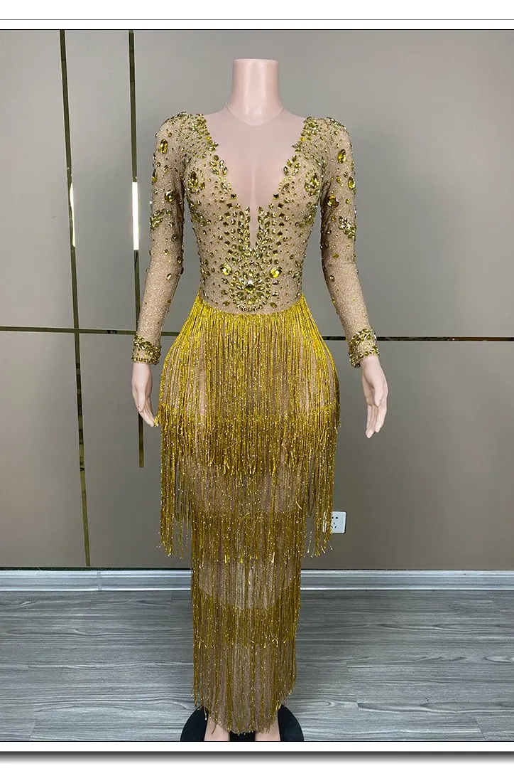 Gold-Fringes-Sheer-Mesh-Elegant-Drag-Queen-Cocktail-Birthday-Bar-Stage ...