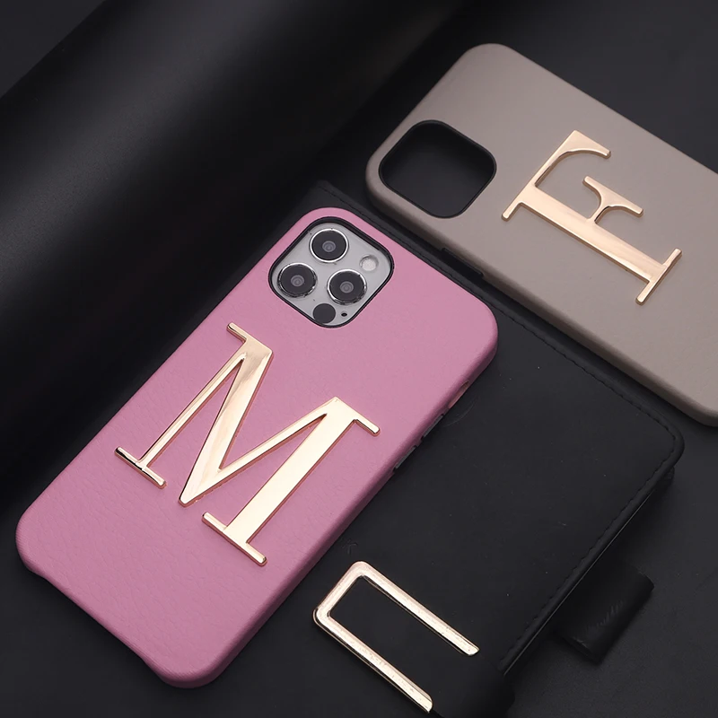 Custom-Name-Big-Metal-Letters-Pebble-Leather-Phone-Case-Cover-For ...
