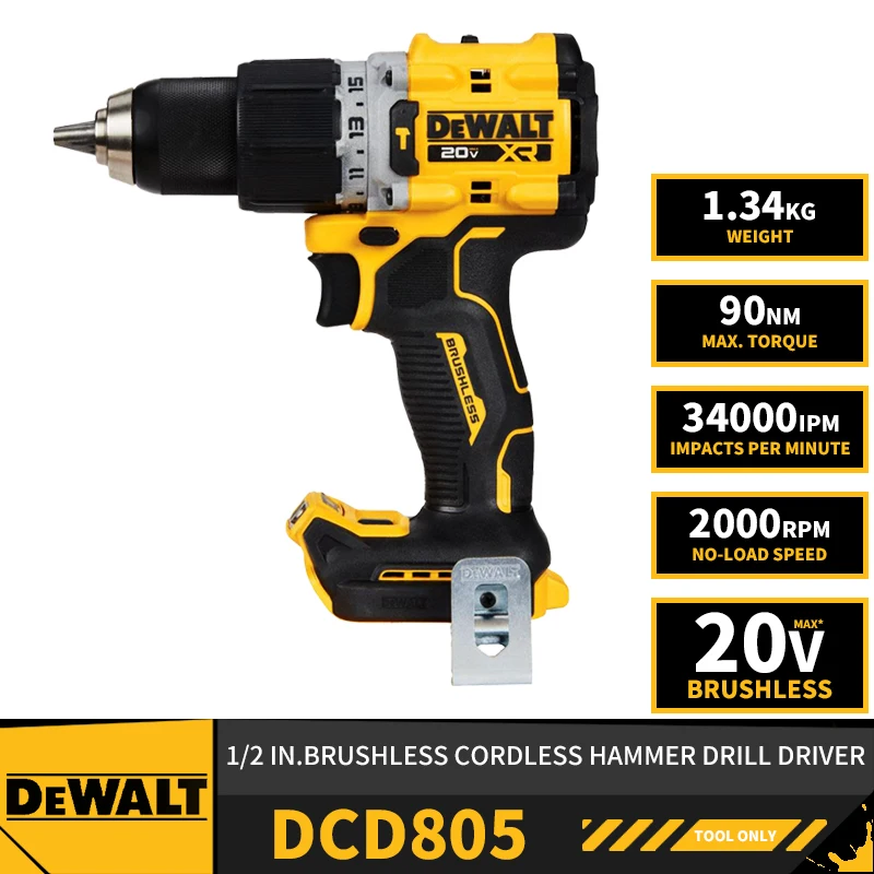 DeWalt DCD805 1/2in 브러시리스 무선 해머 드릴 드라이버, 20V 리튬 전동 공구, 2000RPM 90NM ...