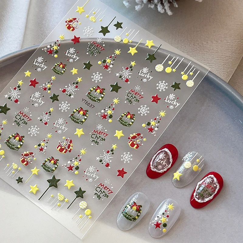 5D Winter Christmas Nail Stickers Colorful Star Garland Bells Snowflake ...