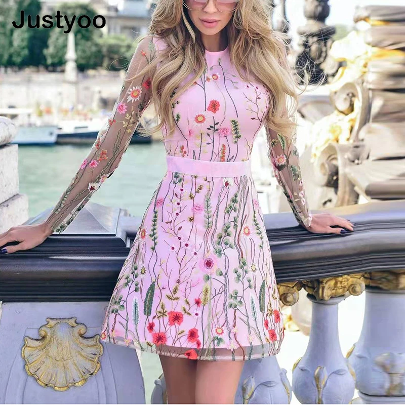 2023 Spring Women Floral Embroidery Dress See through Sheer Mesh Boho ...