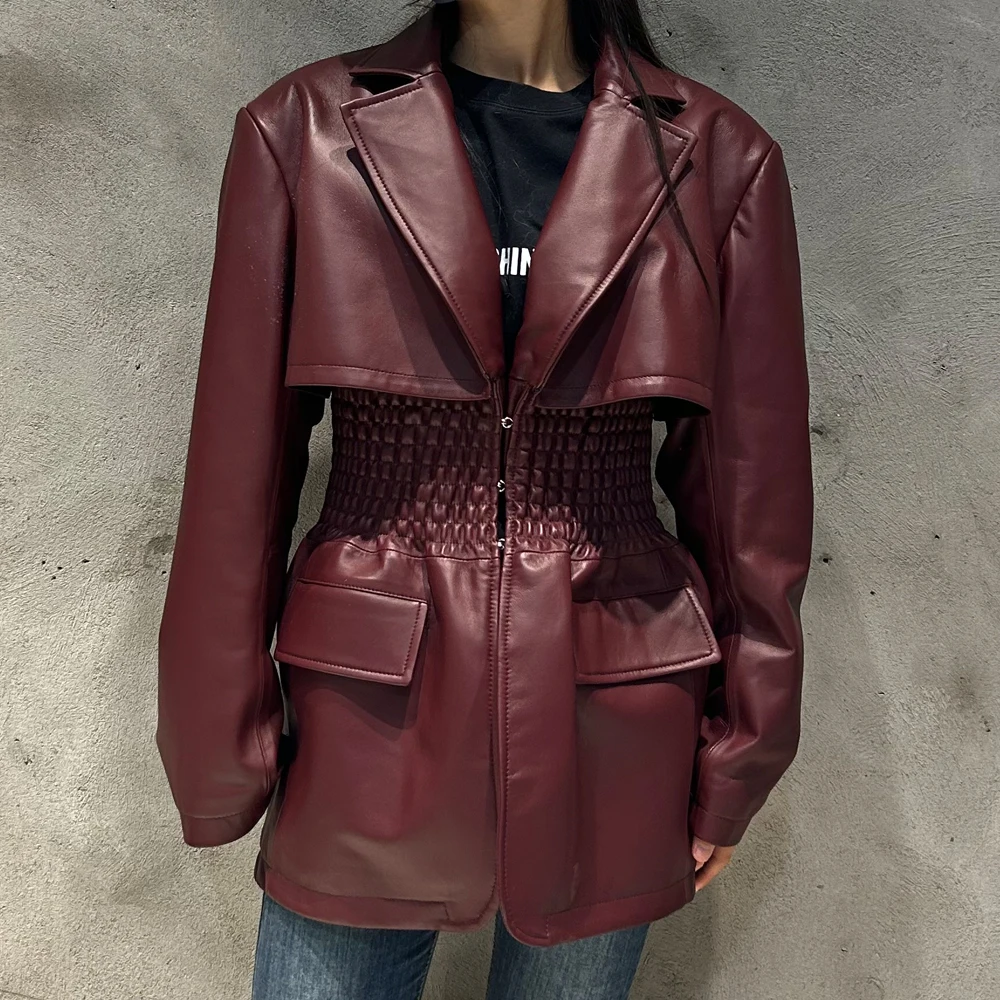 Burgundy-Leather-Jacket-for-Women-Elastic-Waist-Leather-Jackets-Slim ...