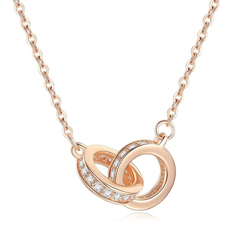 18k-Double-Ring-Design-Pendant-Necklace-Zircon-Rose-Gold-Plated-Fashion ...