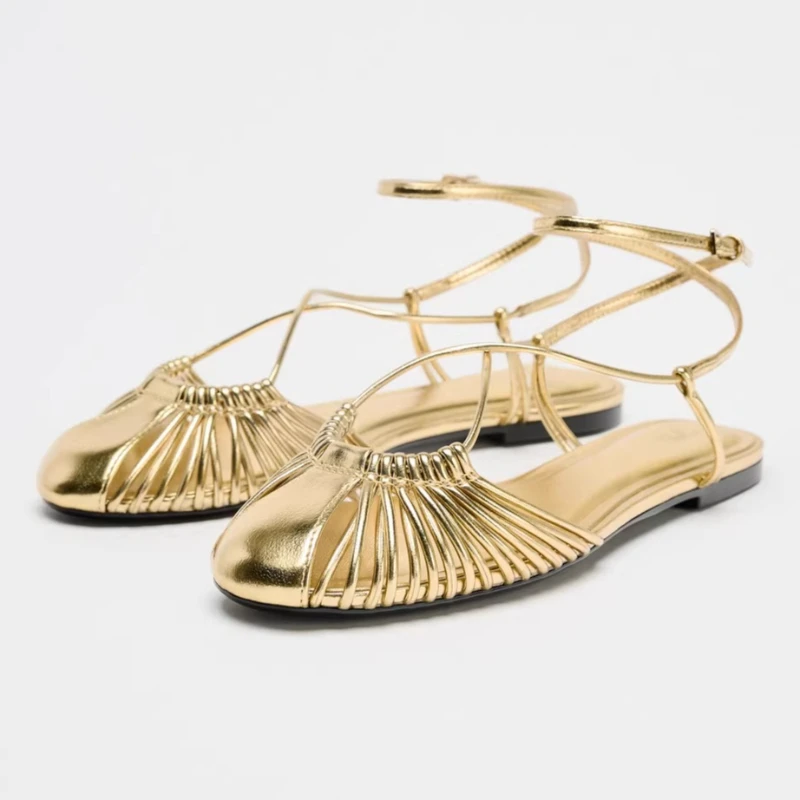 Luxury Gold Hollow Round Toe Flat Sandals Women Elegant Ankle Strap ...